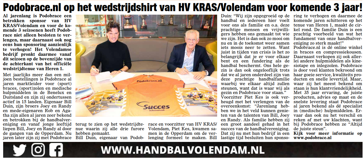 Podobrace sponsort HV Kras Volendam voor nog eens 3 jaar | Podobrace